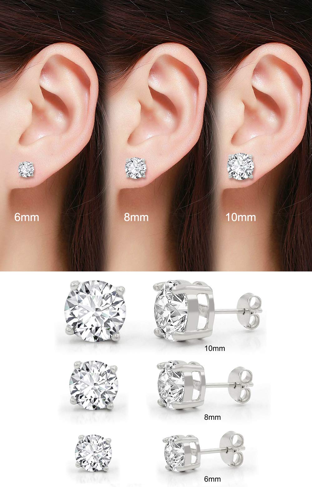 925 Sterling Silver Uninsex 3mm - 10mm Round Clear Cubic Zirconia CZ Rhodium Stud Earrings, Giorgio Bergamo (6,8,10mm)