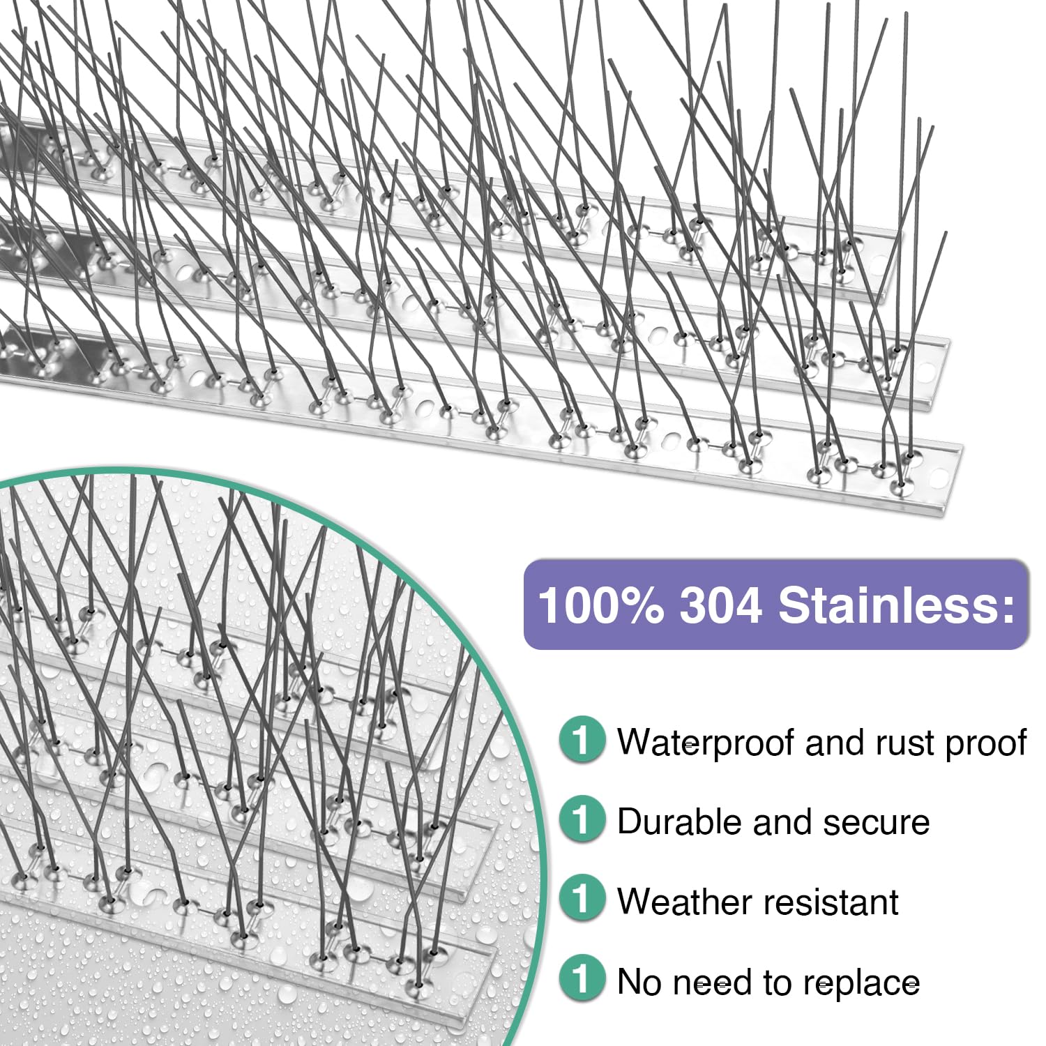 XPCARE 50.4 Feet Bird Spikes, Stainless Steel Bird Spikes Fence Spikes for Crow Robin Pigeon Squirrel Raccoon Defender Spikes (48 Packs Uninstalled)