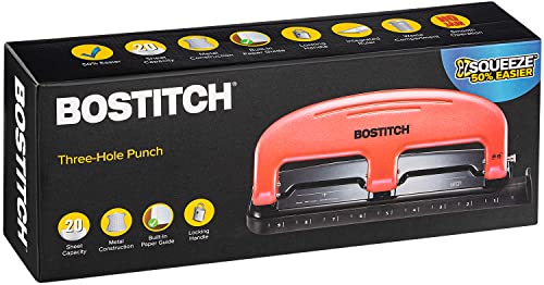 Bostitch Office Three Hole Punch Ez Squeeze Hole Puncher 20 Sheet Standard - Metal Construction - Red