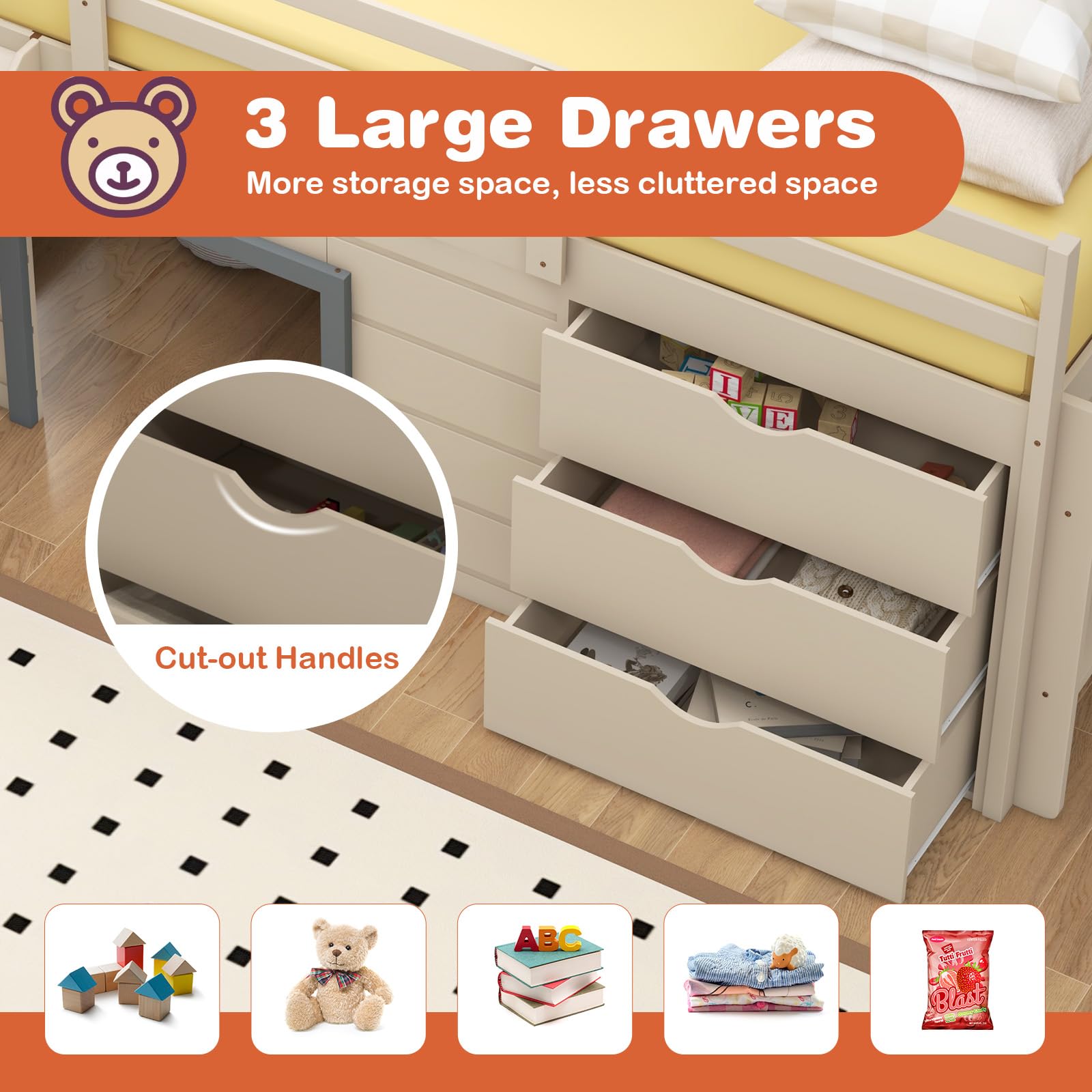 Giantex Twin Low Loft Bed with Slide, Solid Wood Twin Loft Bed with Ladder, 3 Storage Drawers and Bottom Game Space, Kids Bed Frame for Girls Boys, No Box Spring Needed, Sage
