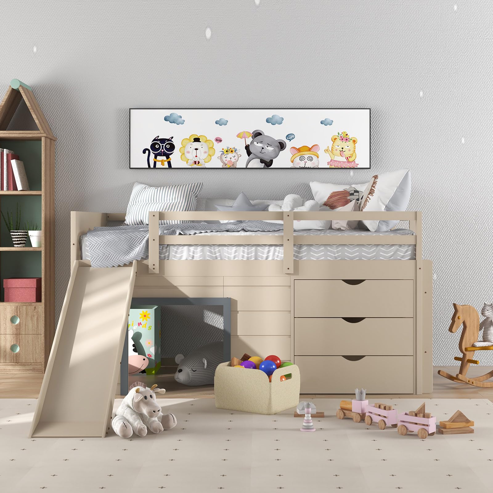 Costzon Twin Low Loft Bed, Multifunctional Loft Bed with Slide, Ladder, 3 Drawers & Under-Bed Play Space, No Box Spring Needed, Wooden Loft Platform Bed Frame with Guardrails for Teens (Beige)
