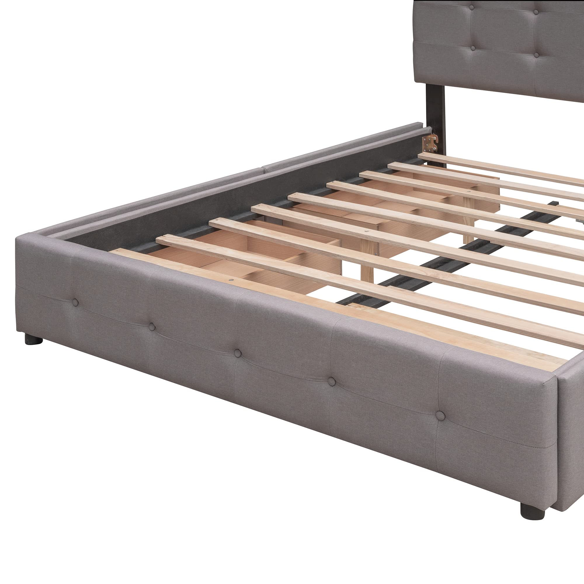 Bellemave Queen Size Platform Bed, Queen Linen Fabric Upholstered Platform Bed Frame with 2 Storage Drawers and 1 Twin XL Trundle, Ideal Bedroom Furniture, No Box Spring Needed (Light Gray)