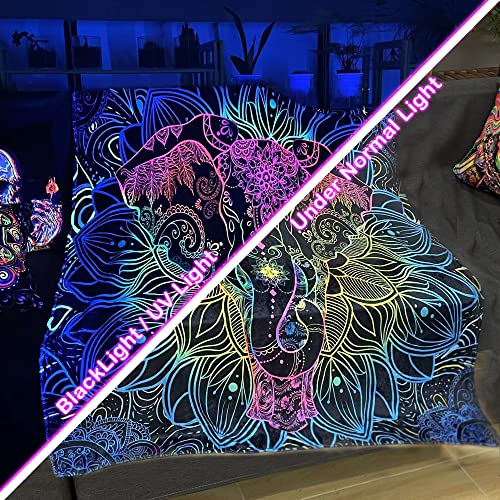 Glow in The Dark Mandala Elephant Throw Blanket, Blacklight Uv Reactive Luminous Blankets Super Soft Plush Flannel Furry Fleece Blanket for Sofa Chair Bed Decor Unique Gifts 60x50 Inches