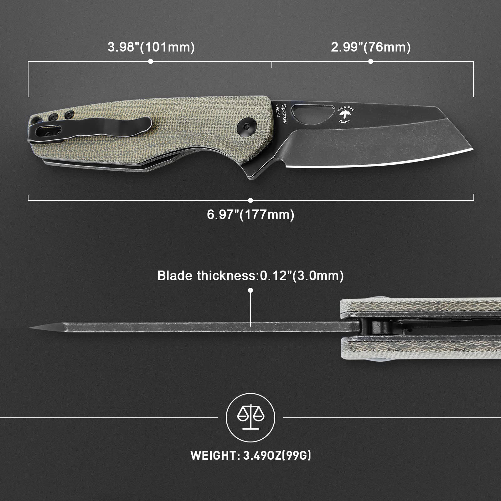 Kizer Sparrow Pocket Knife, 2.99 Inches 154CM Blade Green Micarta Handle EDC Folding Camping Knife, Small Hunting Survival Knife for Man Women, EDC Gentleman Knife, V3628C2