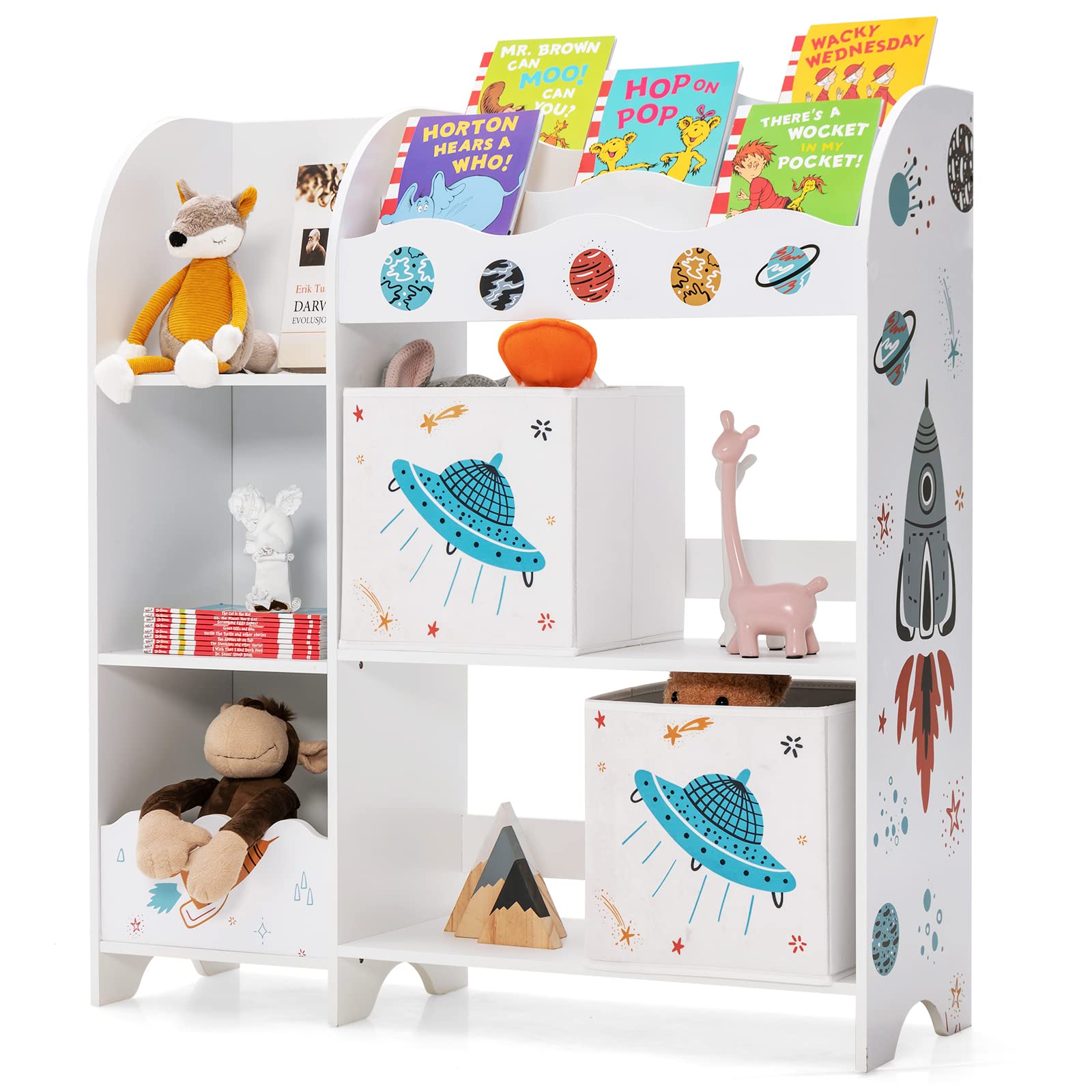 HONEY JOY Kids Toy Storage Organizer, Wooden Storage Unit with 2 Storage Boxes, Toddler Storage Display Bookshelf Daycare Furniture for Playroom, Children’s Room, Living Room(Planet)