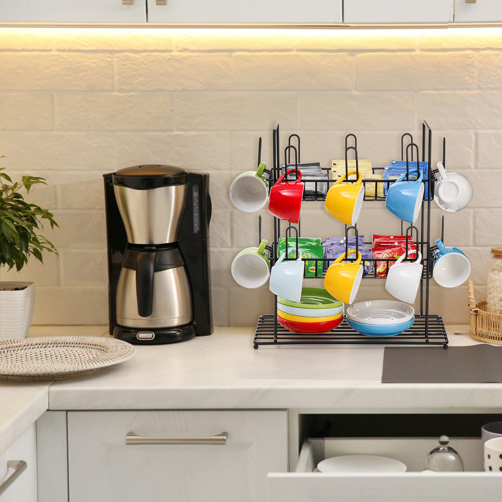 Hedume Coffee Mug Holder Stand, 3 Tier Countertop Metal Double-Side Mug Tree Holder Rack with Storage Shelves, Large Coffee Mug Tree Rack for 16 Mugs, Counter Cup Organizer with Storage Base
