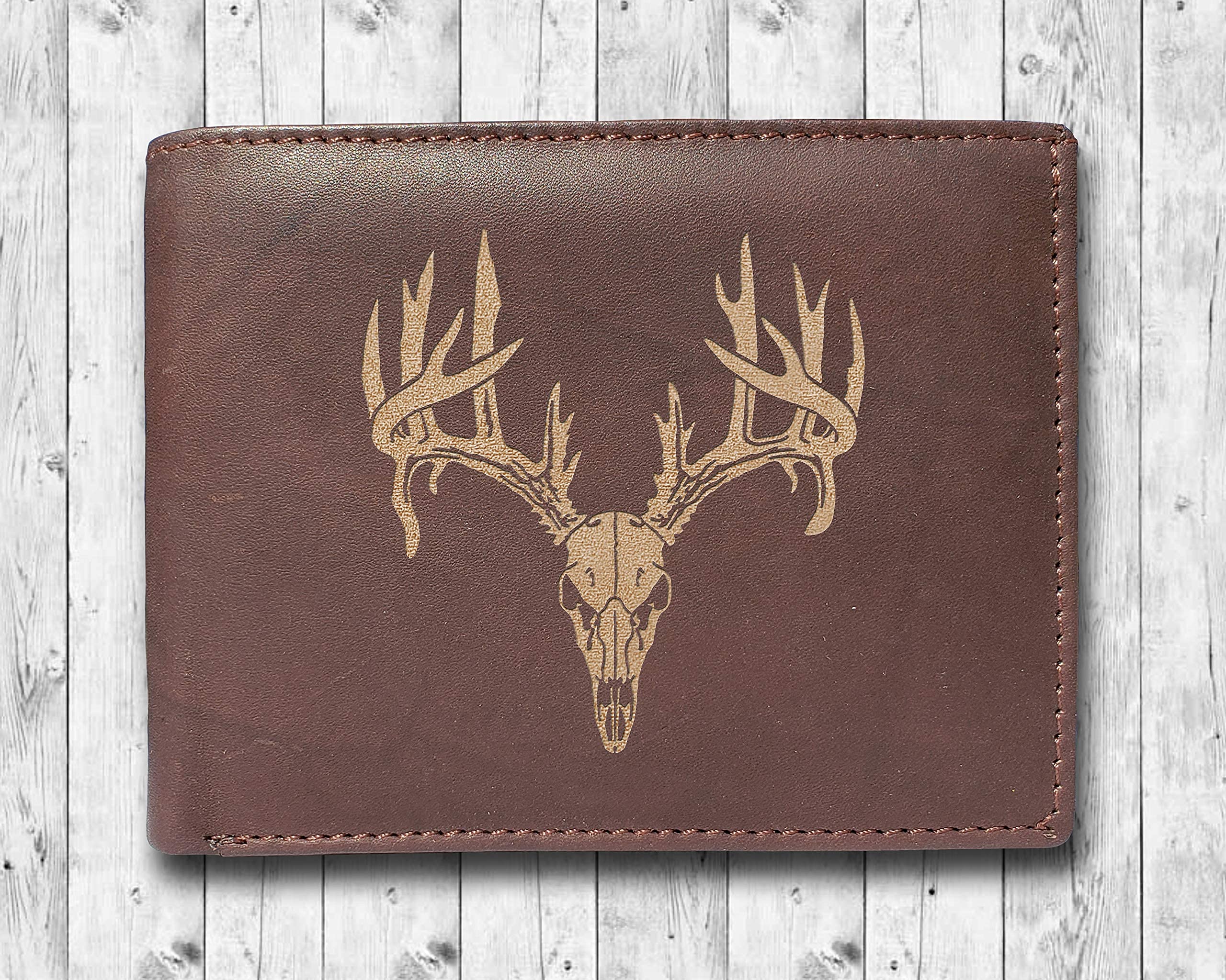 Deer Buck Antlers Skull Hunting Cowhide Leather Laser Engraved Engraving Slimfold Mens Large Capacity Luxury Wallet Purse Minimalist Sleek Slim Brown Credit Card Holder Organizer 14 Pocket with RFID