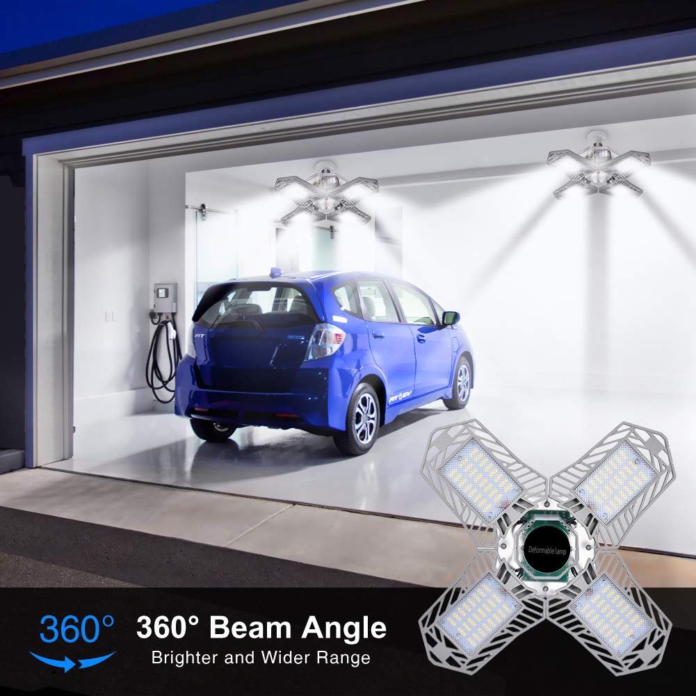 Ankishi Garage LED Lights Ceiling 2 Pack,150W Deformable led Garage Lights,E27/E26 Garage LED Light with 4 Adjustable LED Panels,15000LM LED Shop Lights for Garage,Warehouse,Workshop and Yard