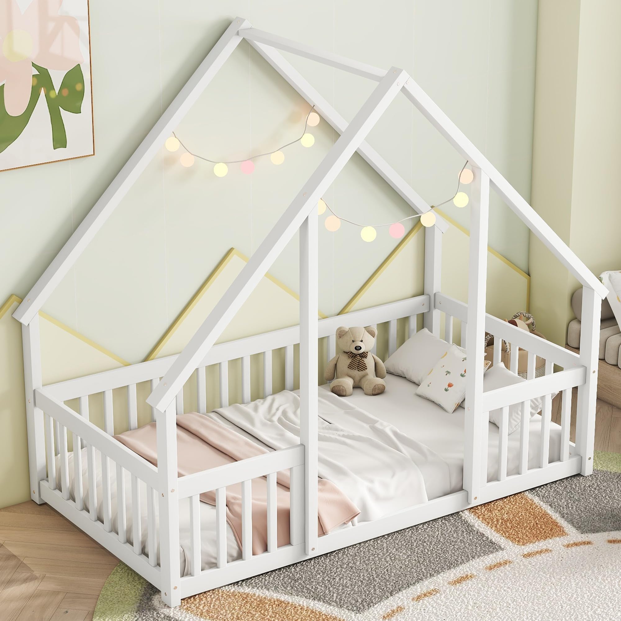 Bellemave Twin Floor Bed for Kids, Girls, Boys, Wood House Bed Frame, House Floor Bed for Kids, Twin Size Montessori Floor Bed with Fence, Playhouse for Kids, White