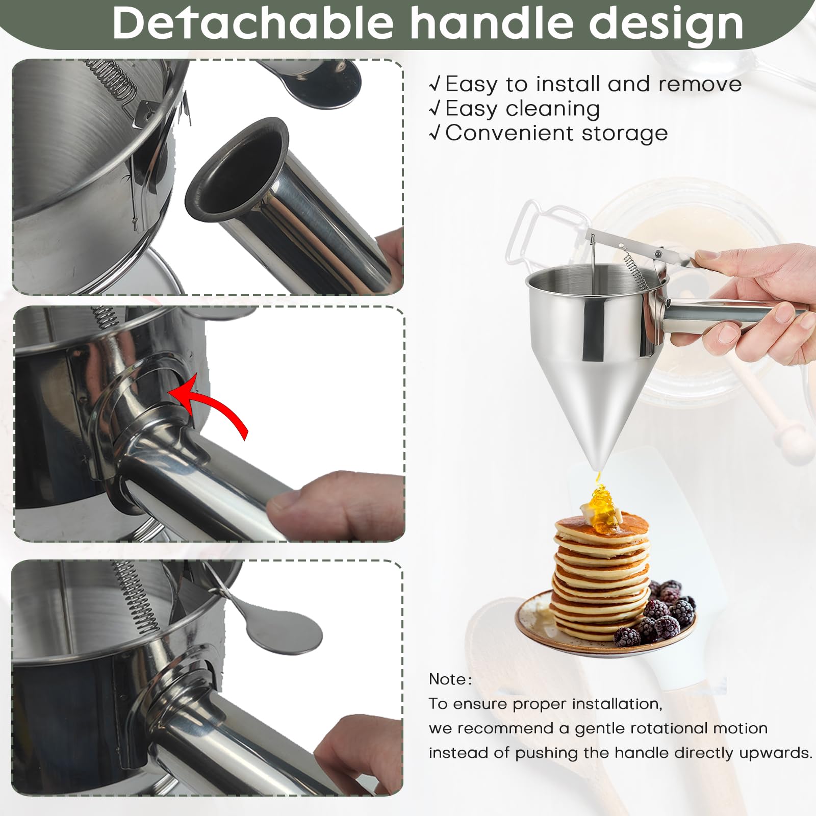 AMGSH Stainless Steel Pancake Batter Dispenser, Piston Funnel Dispenser with Stand Detachable Handle for Takoyaki Baking Cake Desserts (600ML/20OZ)