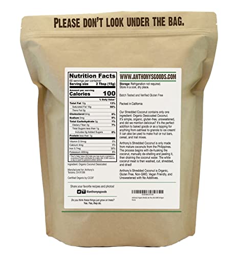 Anthony's Organic Shredded Coconut, 2 lb, Unsweetened, Gluten Free, Non GMO, Vegan, Keto Friendly