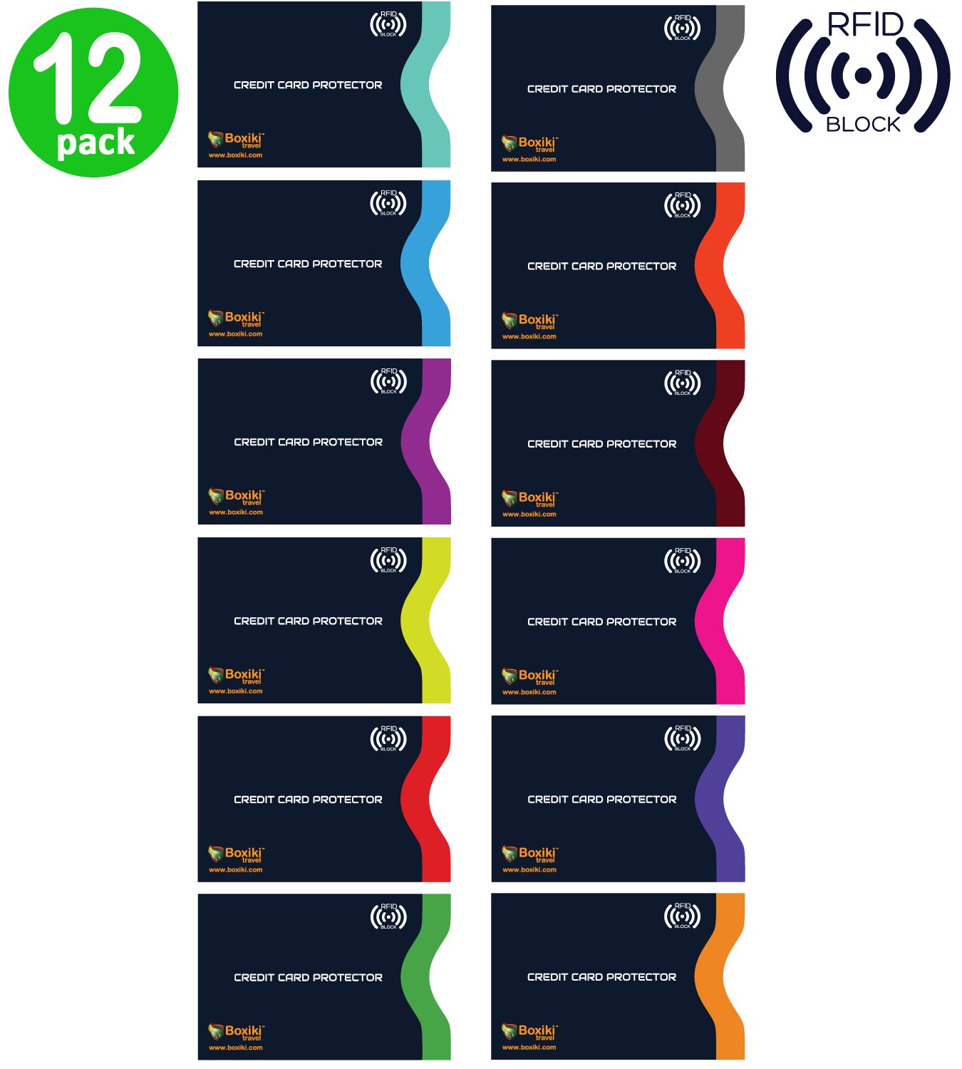 Boxiki Travel Set of 12 RFID Blocking Sleeves Best way to Protect your Cards from Electronic Theft. Durable, Lightweight and Compact Design to fit in any Pocket or Purse. (Navy Blue)