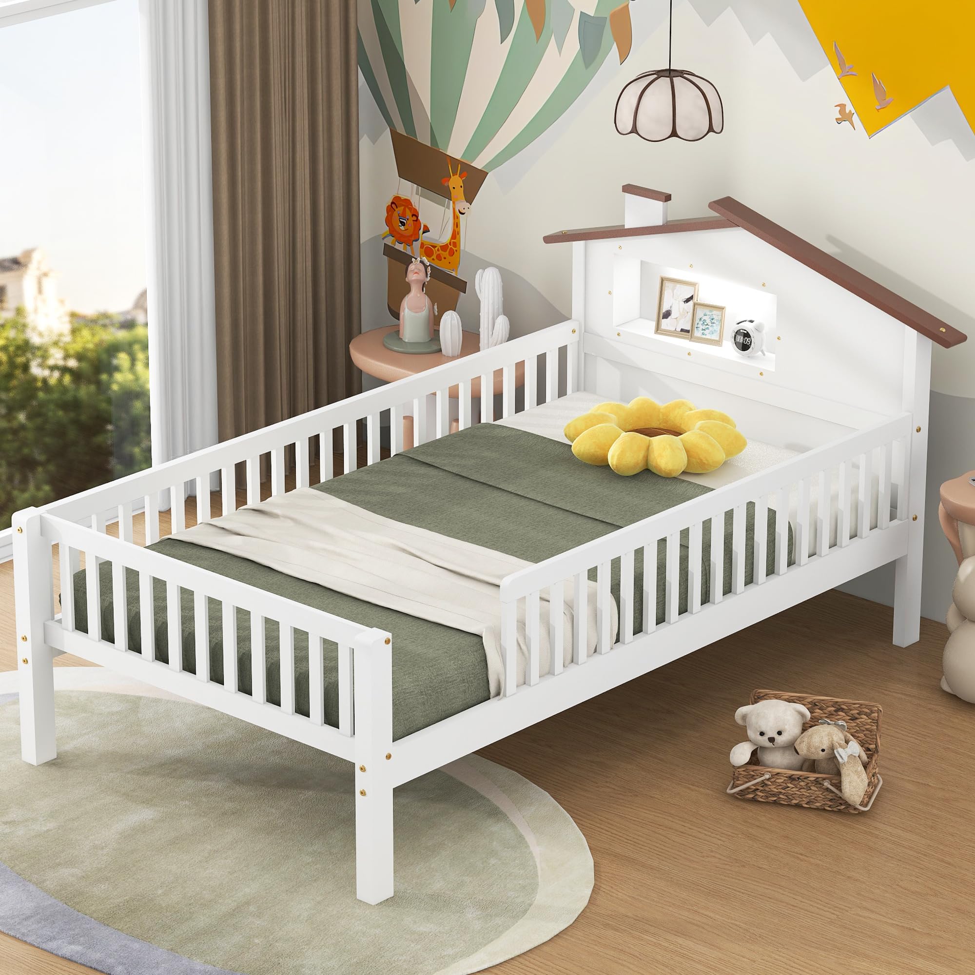 Bellemave Twin Size Montessori Bed for Kids, Twin Size Kids Bed with Fence,Kids Montessori Bed with House-Shaped Headboard and Built-in Storage, White