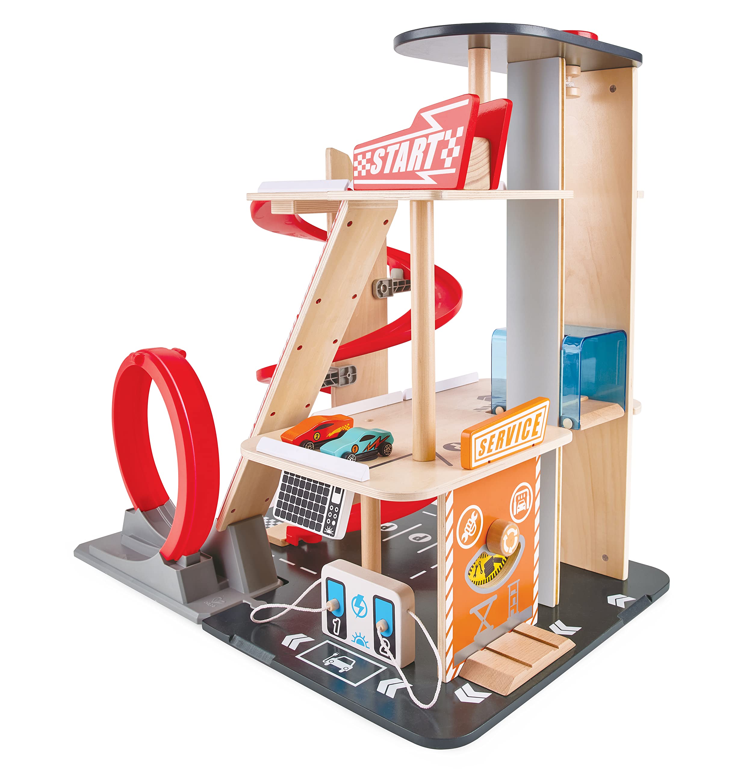Hape Gearhead Stunt Garage Kids Wooden Toy Car Parking Garage Playset w/Elevator and 2 Exit Tracks, Detachable Loop, Includes 2 Wooden Toy Racecars