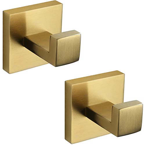 VELIMAX Premium Stainless Steel Towel Hook Square Robe Hook Coat Hook Heavy Duty Wall Mounted Luxury Hooks for Bathroom Hotel, Brushed Gold, 2-Pack