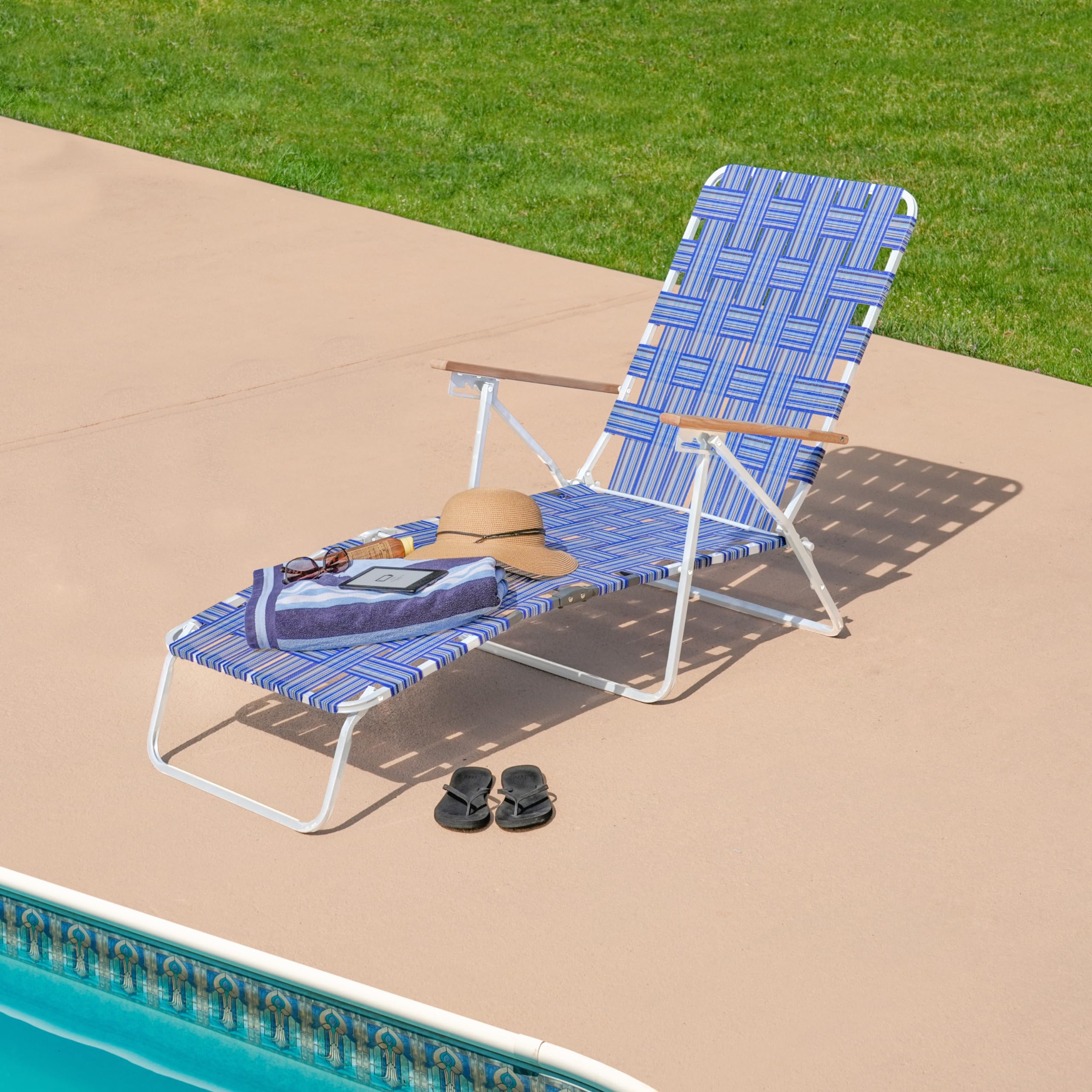 CAMP & GO 4-Position Folding Web Lawn Chair Beach Lounger, Blue/White