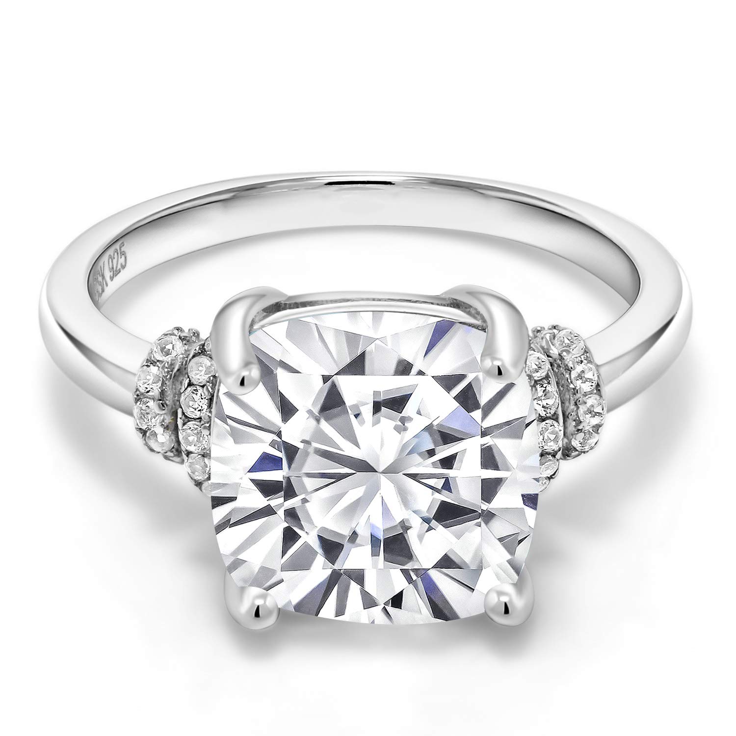 925 Sterling Silver Forever Classic Moissanite from Charles & Colvard Engagement Ring For Women (5.29 Cttw, Cushion 10MM, Available in size 5, 6, 7, 8, 9)