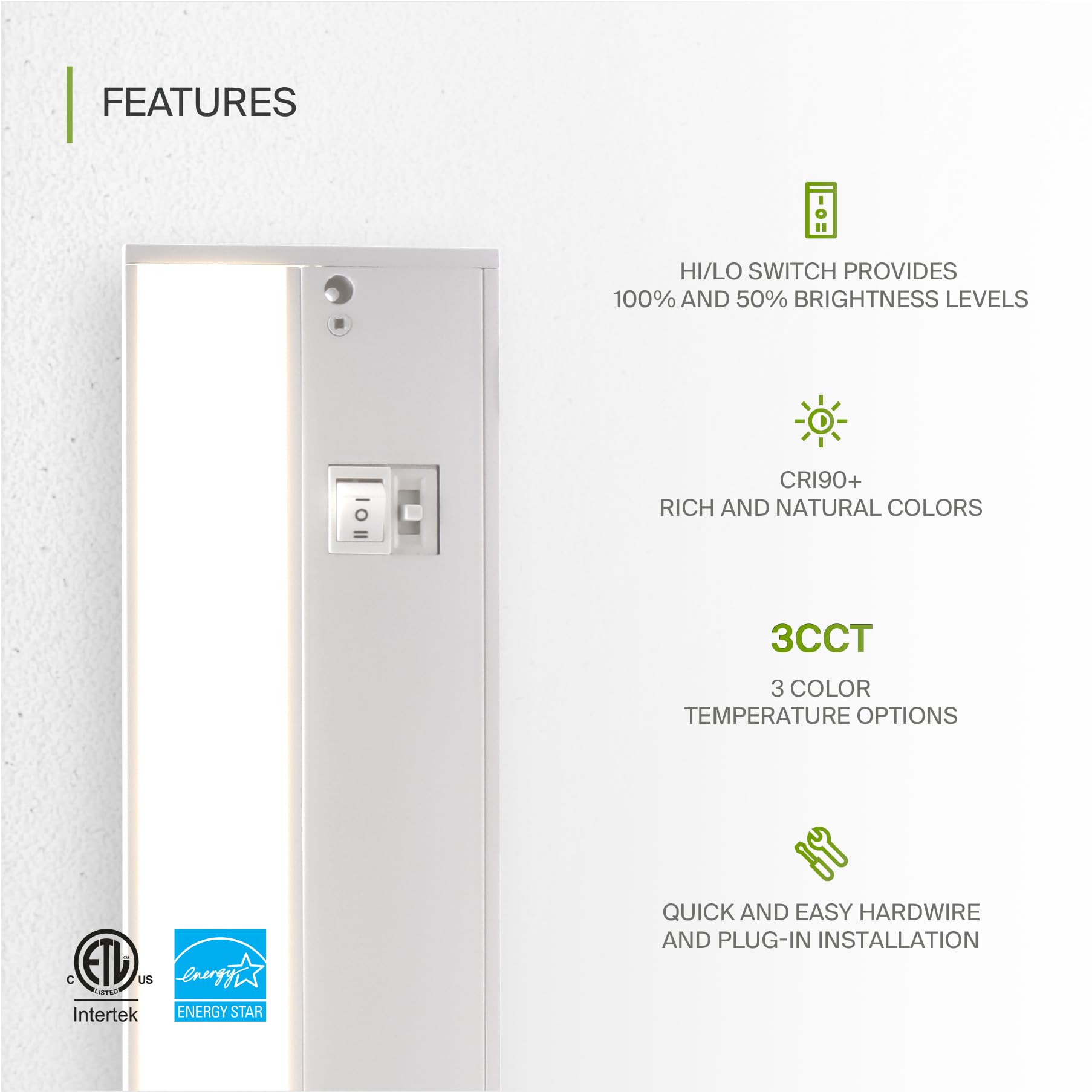 ASD LED Under Cabinet Lighting 24 Inch, Dimmable, Hardwired or Plug-in Installation, 3 Color Levels- 2700K/3000K/4000K, Linkable Kitchen Under Counter Lighting, ETL & Energy Star, White Finish