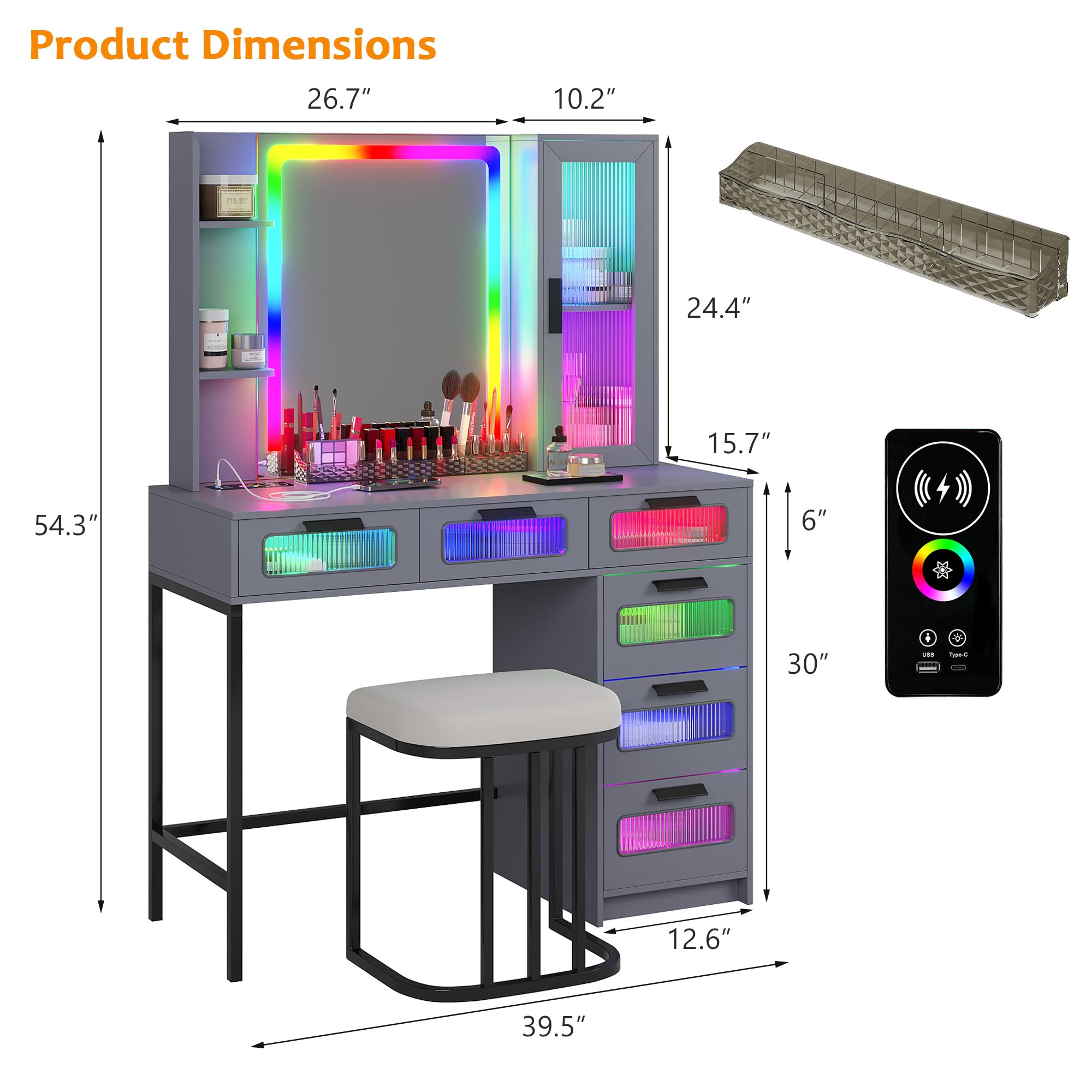 SKKTKT RGB LED White Vanity Desk with Mirror and Lights, 39.5" Makeup Vanity Table with Auto Sensor Flow Dazzling Lights and Wireless/USB/Type C Charging, Dressing Table with Stool and 6 Drawers