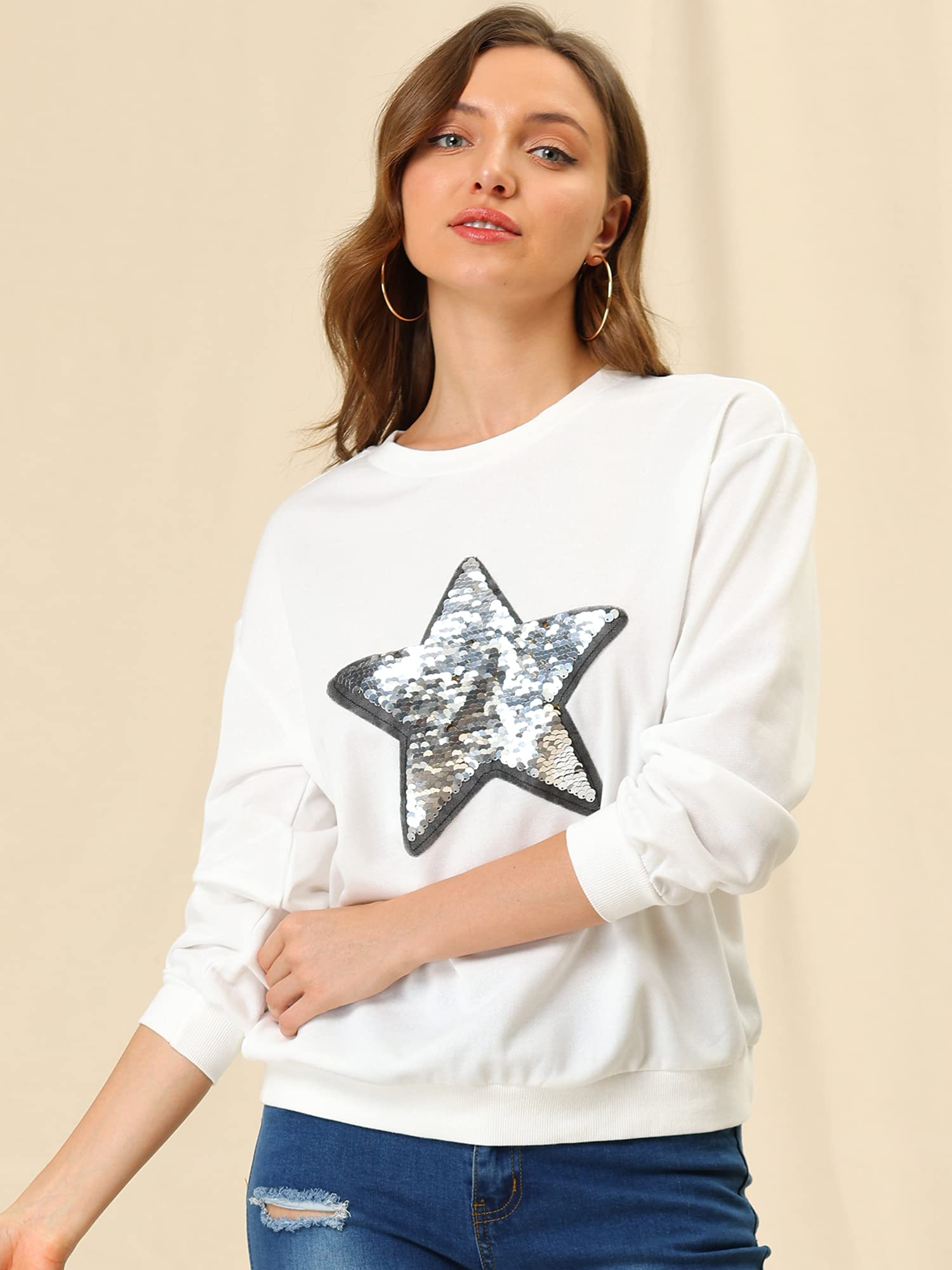 Allegra K Women's Sequin Shiny Star Crew Neck Long Sleeve Sweatshirt Top White Medium