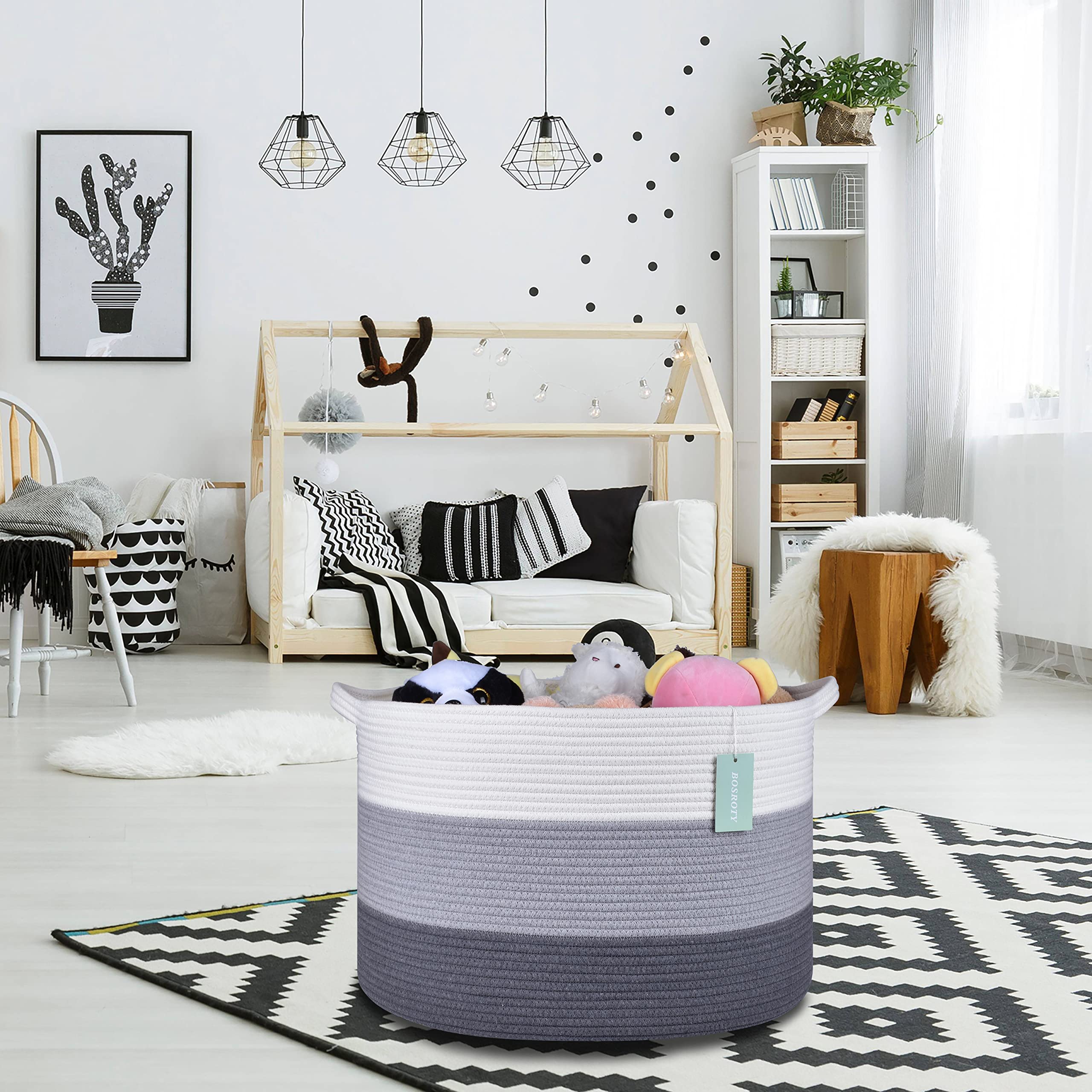 BOSROTY Extra Large Blanket Basket 87L, Laundry Hamper, Baby Nursery Hamper, Large Laundry Basket For Girls Boys, Cotton Rope Basket, Clothes Basket Laundry, 22βx 14β, White & Gray