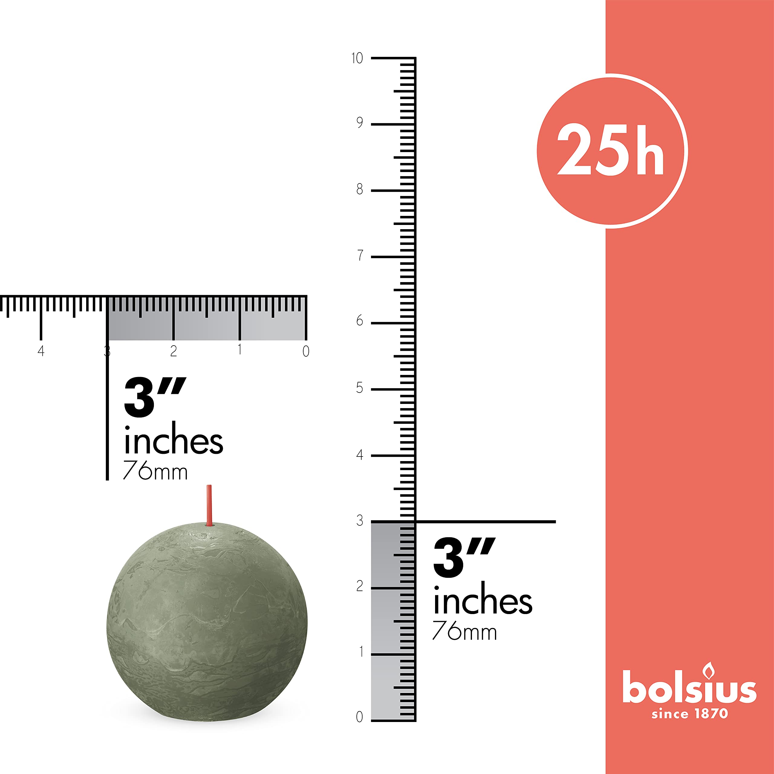 BOLSIUS 3 Pack Fresh Olive Rustic Ball Pillar Candles - 3 Inch - Premium European Quality - Includes Natural Plant-Based Wax - Unscented Dripless Smokeless 25 Hour Party Décor and Wedding Candles