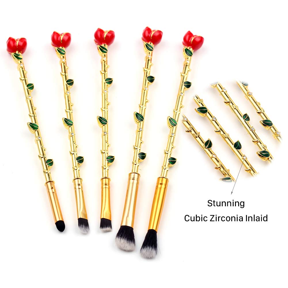 Rose Eye Makeup Brush Set - 5pcs Wand Makeup Brushes with Soft Synthetic Fiber and Metallic Handle for Eyebrow, Eyeshadow, Foundation, Blending and Lips, Great Gift for Sister Girlfriend, Gold