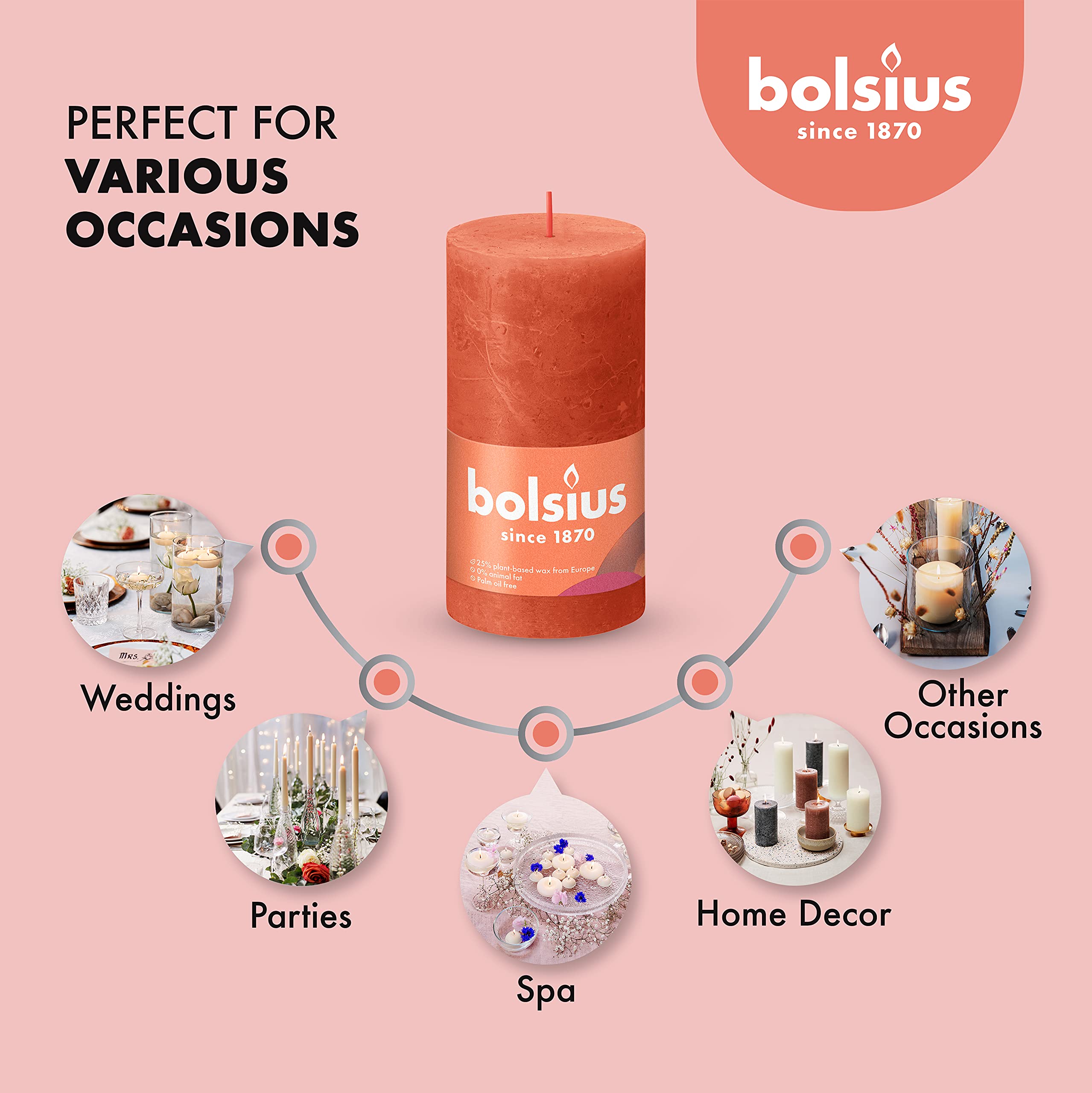 BOLSIUS 4 Pack Orange Rustic Pillar Candles - 2.75 X 5 Inches - Premium European Quality - Includes Natural Plant-Based Wax - Unscented Dripless Smokeless 60 Hour Party Décor and Wedding Candles