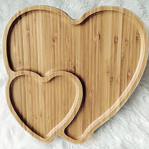 Bamboo Serving Tray Heart Shaped Cheese Board Salad Plate Double Dinner Plate Cake Plate Universal Serving Platter Appetizer Plate for Snack Candy Food Fruit Vegetables Home Party Entertaining Decor