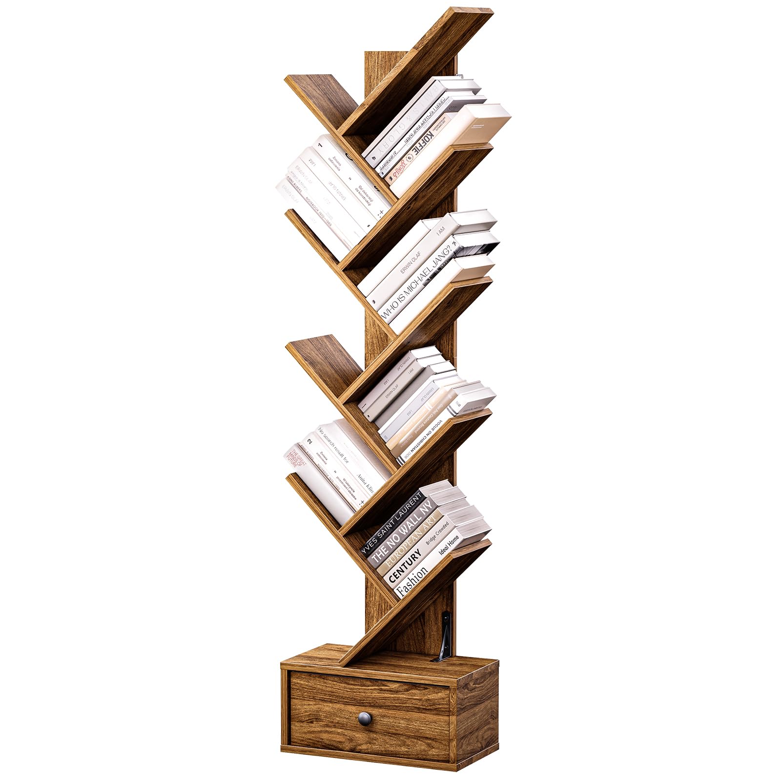 Pipishell Bookshelf with Drawer, 8-Tier Vertical Tree Bookshelf, Modern Bookcase, Modern Book Storage, Book Shelf Organizer for Living Room, Bedroom, Home Office, Rustic Brown, PIBS03WN