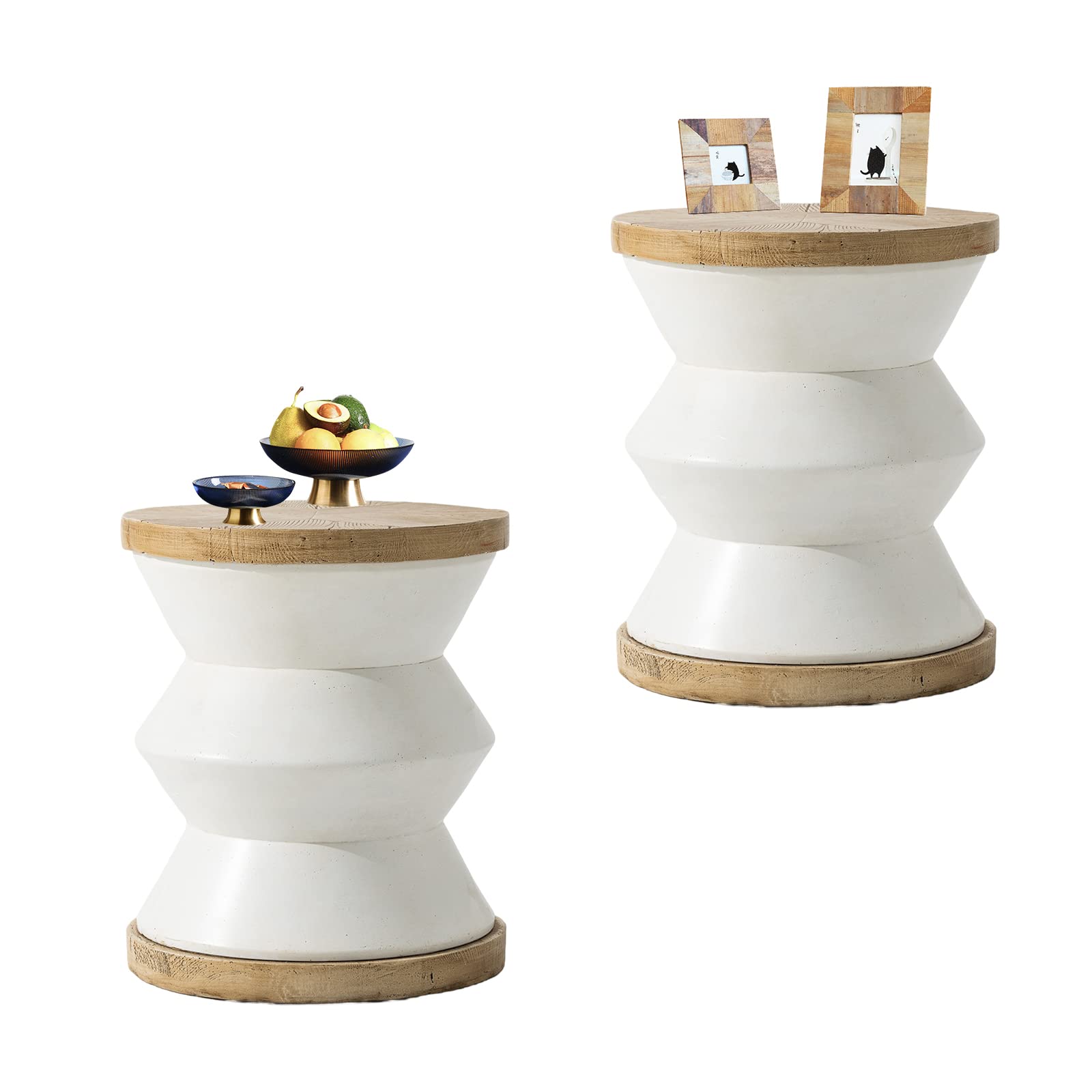 HOMPUS Unique Outdoor Concrete Side Table Set of 2, Modern Vintage MgO Patio End Table Set, 2 Piece Lightweight Functional Small Accent Table for Indoor Outdoor Use, Garden, Deck, Poolside