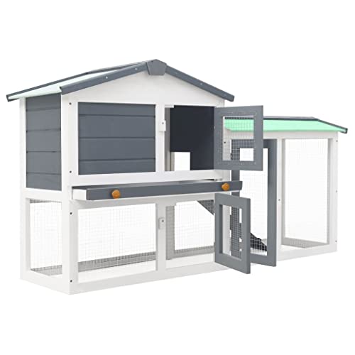 vidaXL Solid Wood Outdoor Large Rabbit Hutch Small Animal Enclosure House Pet Cage Habitat Garden Patio Protection Safety Gray and White