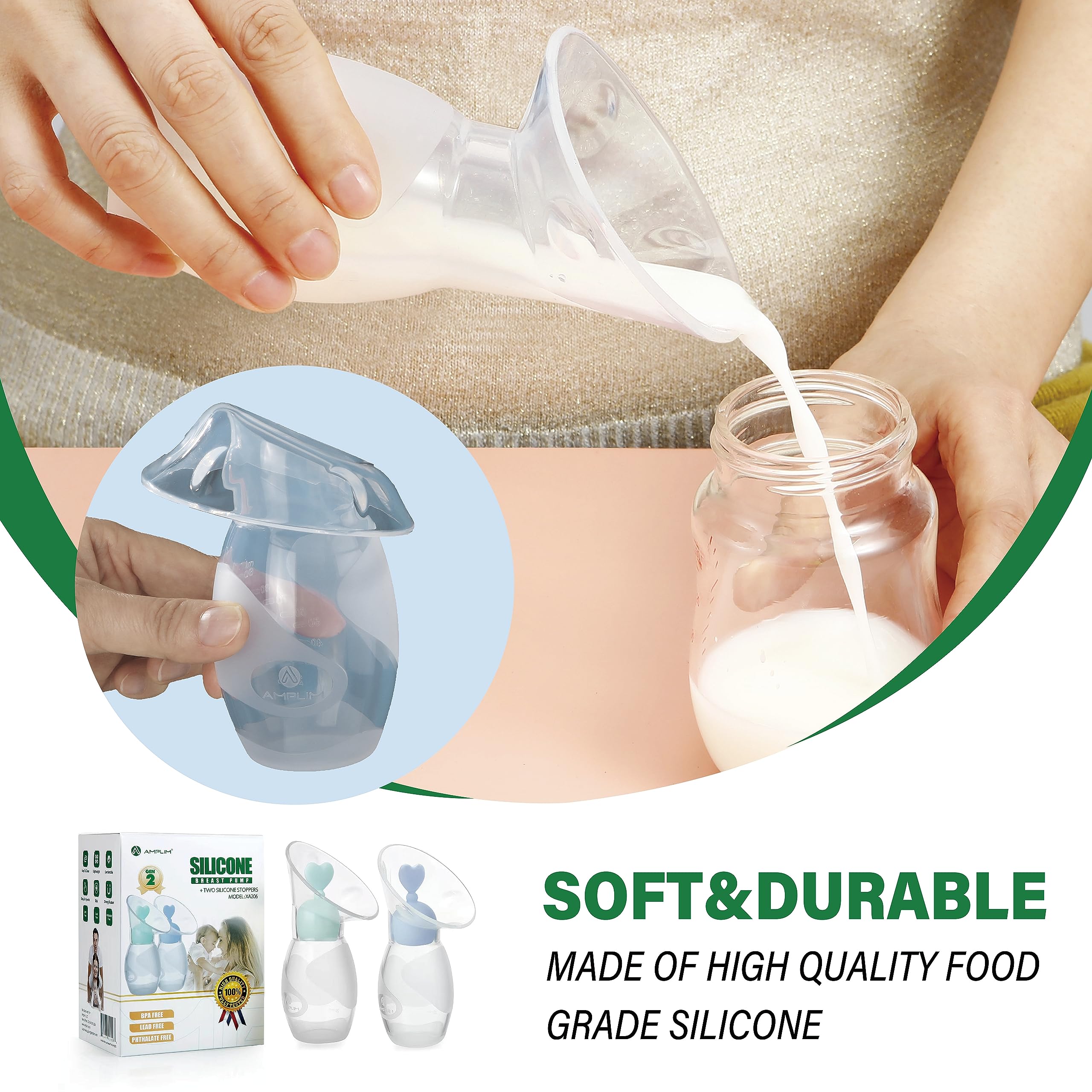Amplim Gen 2 Manual Breast Pump/Collector for Breastfeeding with Stopper (2-Pack 4 oz/100ml) Food Grade Silicone BPA PVC and Phthalate Free (Blue + Green)