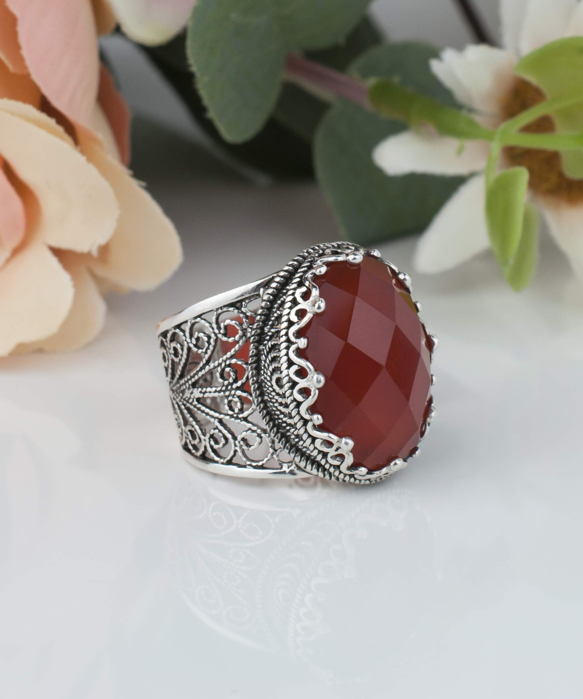 925 Sterling Silver Carnelian Oval Filigree Ring (Size 5-11) (8)