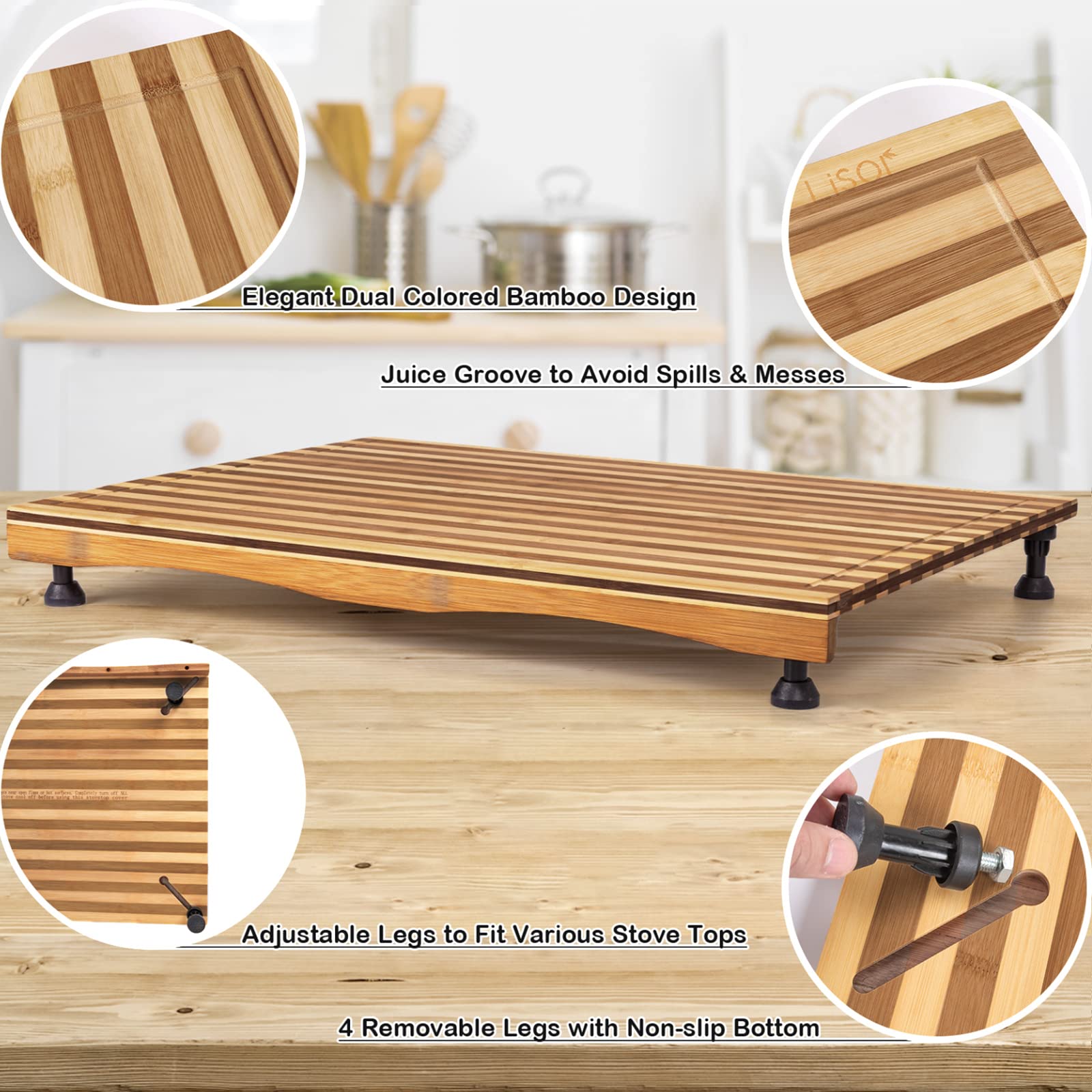 Bamboo Stovetop Cover&Countertop Cutting Board with Adjustable Legs, Dual-purpose Chopping Board for Electric Stove Burner, Workspace Block Cover for RV Camping Camper Gas Cook Top Cover
