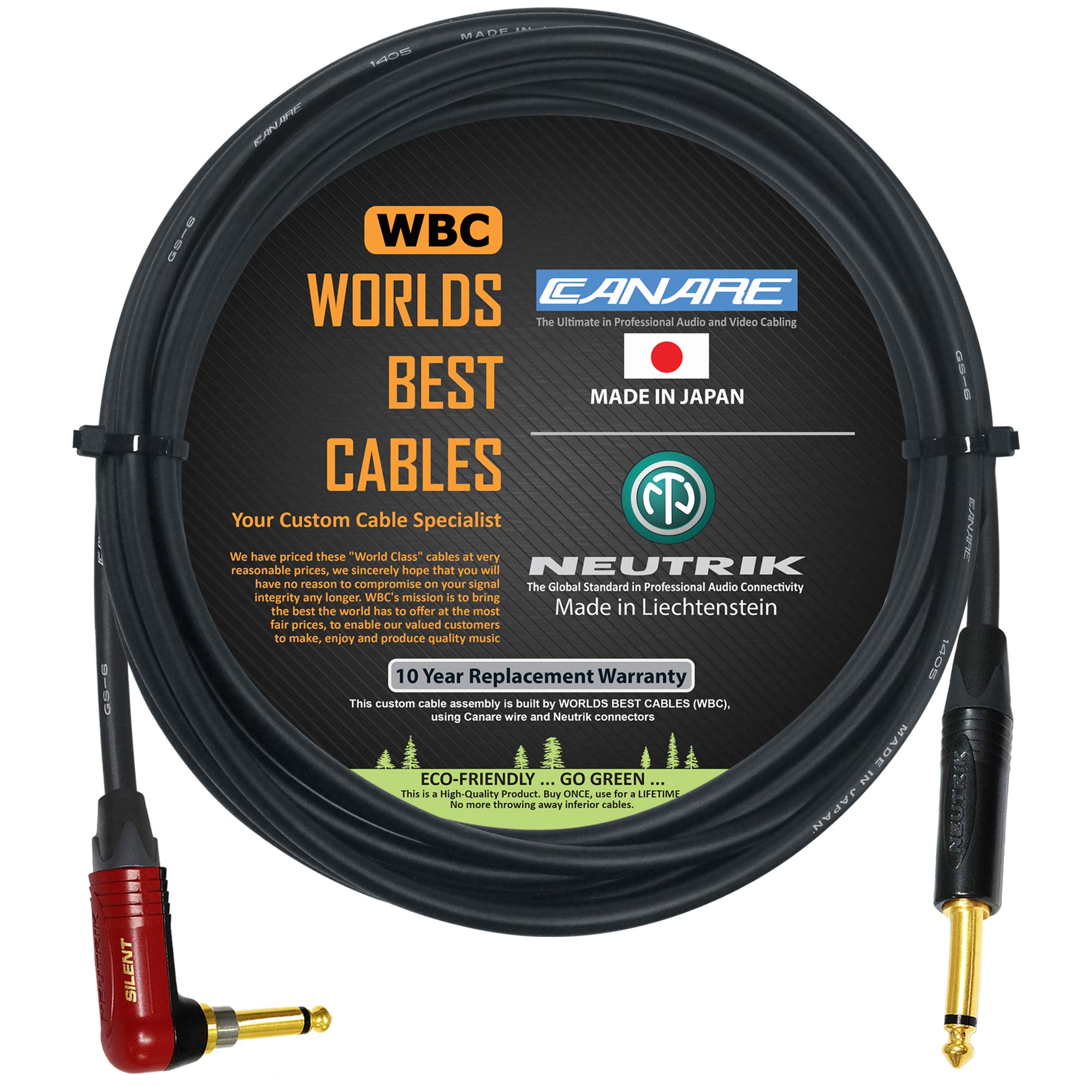 Canare 12 Foot GS-6 - Neutrik Gold Plated Silent Plug - Guitar Bass Instrument Cable - Straight to Angled 1/4 Inch Plugs - Custom Made by Worlds Best Cables