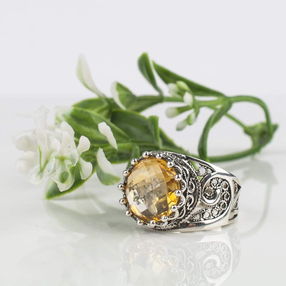 925 Sterling Silver Purple Amethyst Yellow Citrine Blue Topaz Round Filigree Paisley Ring (Size 5-12) (12, Citrine)