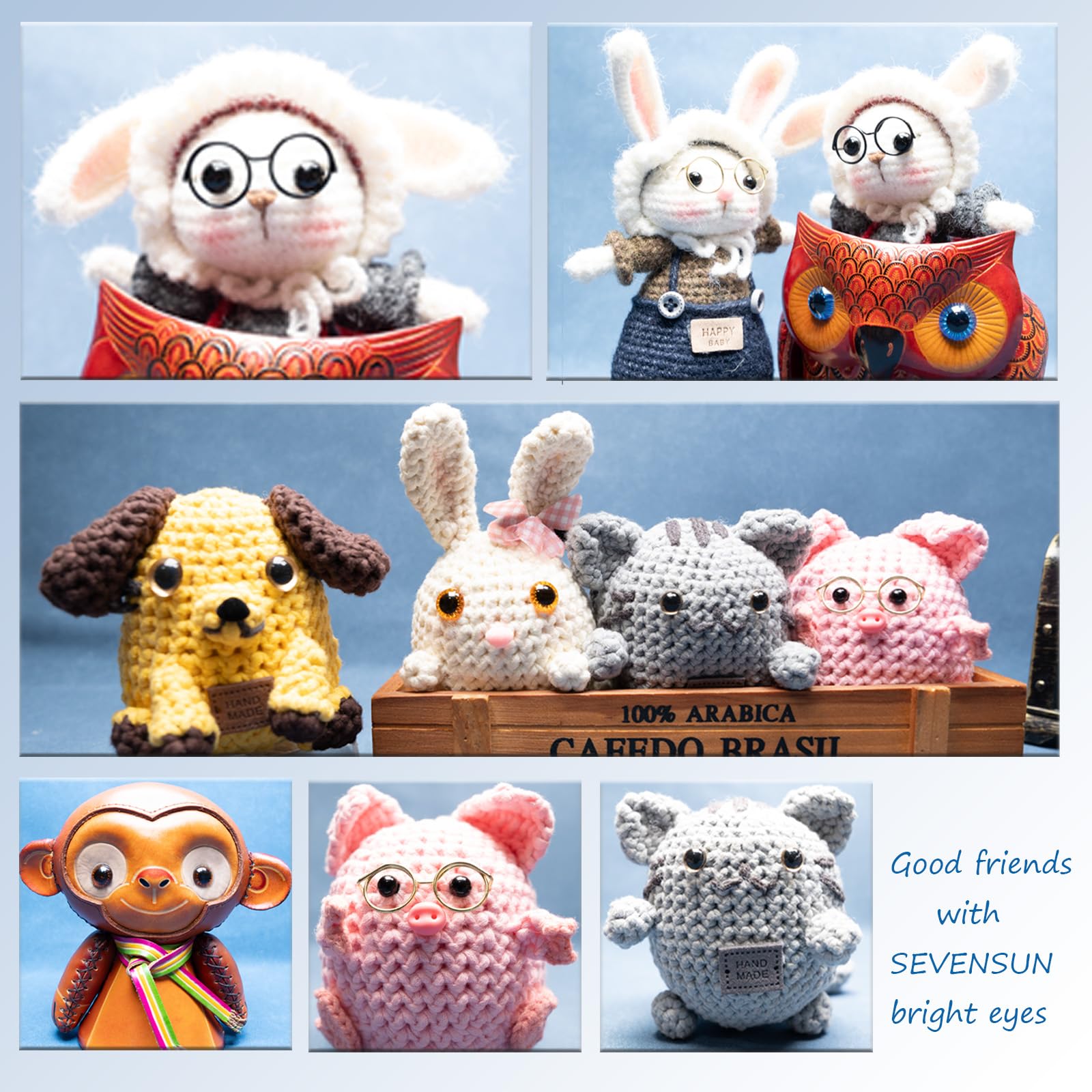 SEVENSUN Safety Eyes for Amigurumi 247 PCS, Crochet Glasses Noses and Buttons, Various Designed Crochet Accessories, Stuffed Crochet Eyes with Washers, Craft Doll Eyes and Nose