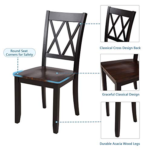 BEDGJH 5-Piece Wood Dining Table Set, Kitchen & Dining Room Furniture-1 Solid Wood Round Table w/ 4 Cross Back Chairs for Breakfast Lunch Dinner Living Space (Black+Cherry)