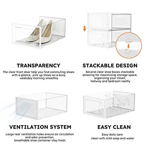 ENSNG Large 12 Pack Shoe Storage Organizer for Closet, Clear Plastic Stackable, Shoe Sneaker Containers