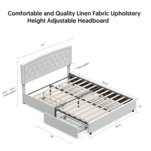BONSOIR Queen Size Storage Bed Frame Upholstered Low Profile Traditional Platform with Tufted and Nail Headboard
