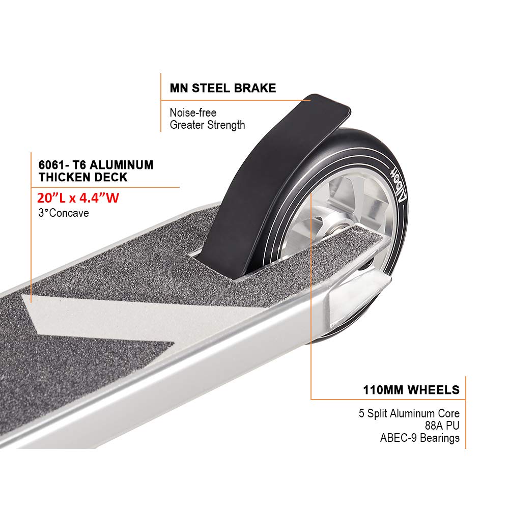 Albott Pro Stunt Scooters Freestyle Trick Scooter with CNC 6061-T6 Aluminum Fork 25 Inches Long Bar Beginner to Intermediate Durable Kick Scooter for Kids 8 Years and Up,Teens, Boys,Adults (Silver)