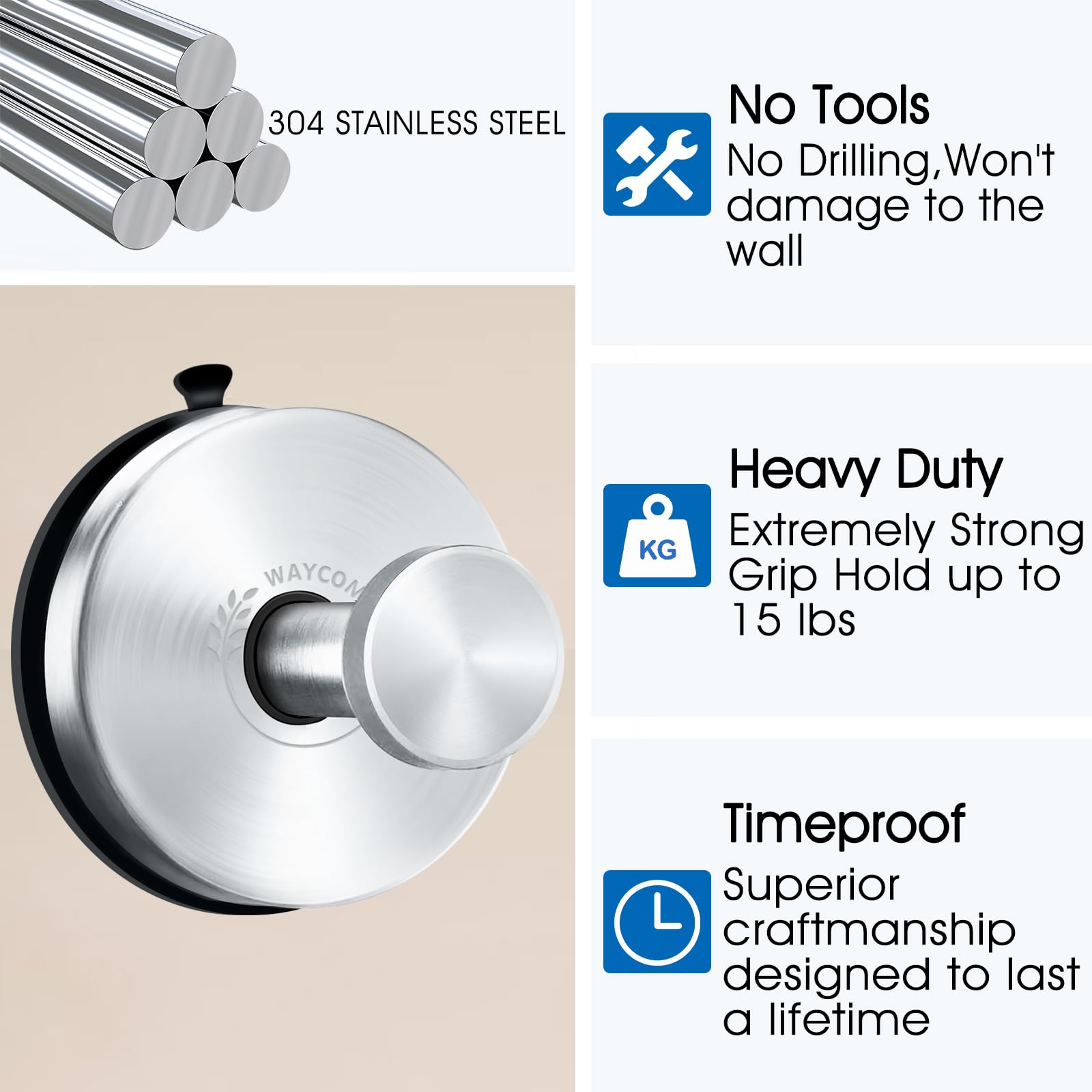 WAYCOM Suction Cup Hooks for Shower, 2Pcs Towel Hooks for Bathroom Wall SUS304 Vacuum Stainless Steel Shower Hooks Bathroom, Kitchen, Glass Door, Tile β Loofah, Towel, Coat, Bath Robe Hook Holder