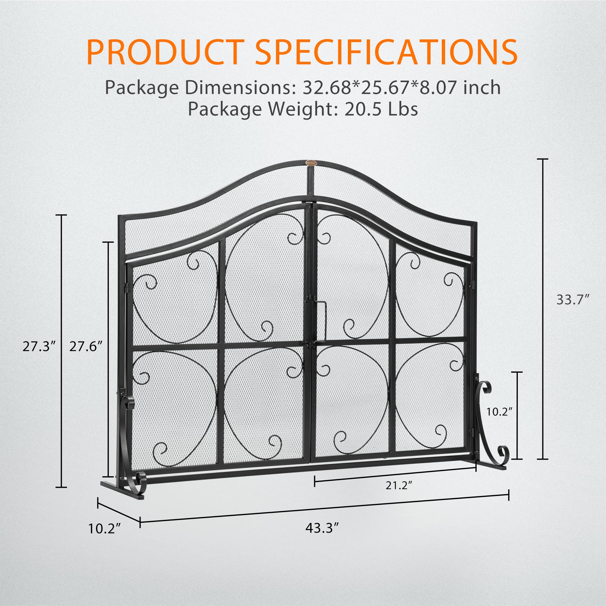VIVOHOME 43.3 x 34 Inch Wrought Iron Fireplace Screen with Doors Metal Decorative Mesh Fire Spark Large Flat Guard Gate Cover Fireplace Barrier Panels Black