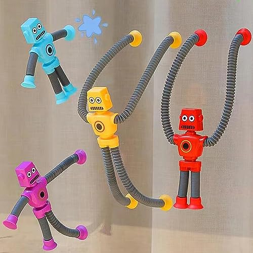 Bendable Robot Figures, Set of 4 Flexible Men, Telescopic Suction Cup Robot Toy, Telescopic Pop Tubes, Fidget Tubes Sensory Toys for Girls Boys