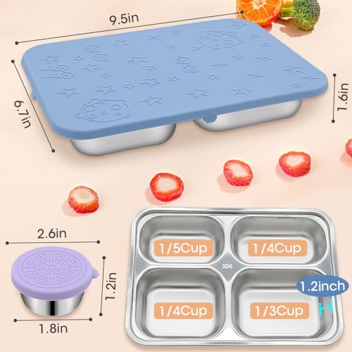 Bento Lunch Box Stainless Steel Lunch Container for Kids, Reusable 4Compartments Metal Lunch Boxes Leakproof Food Meal Prep Lunch Containers for Kids,2P Dip Containers,Dishwasher,Freezer Safe,BPA-Free