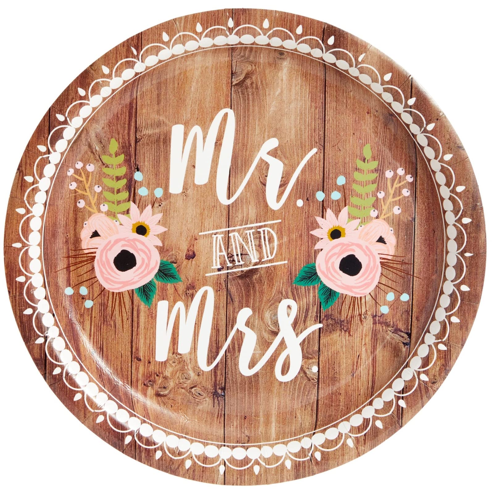 BLUE PANDA 80-Count Wedding Paper Plates, Disposable Mr and Mrs Rustic-Style Reception, Bridal Shower, Country Wedding Decorations, Engagement Party Supplies (9 in) Bulk Pack