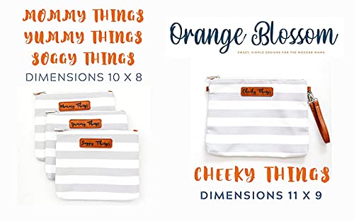 Stylish Diaper Bag Organizing Pouches - XL Set of 4 Gray and White Striped Canvas Diaper Bag Pouches with Leather Embossed Labels, Leather Wristlet Strap & Durable Metal Zippers
