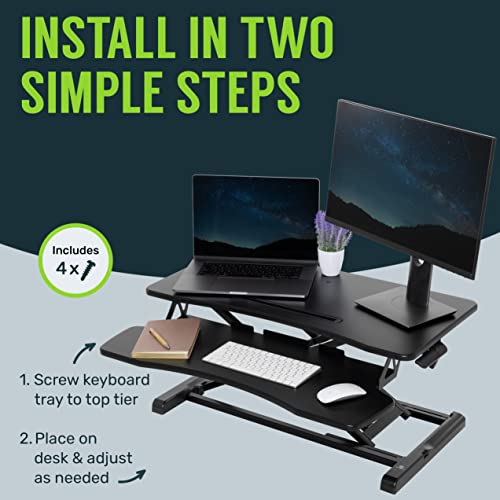 TechOrbits Standing Desk Converter - 32 Inch Adjustable Sit to Stand Up Desk Workstation, MDF Wood, Ergonomic Desk Riser with Keyboard Tray, Desktop Riser for Home Office Computer Laptop, Black 32"