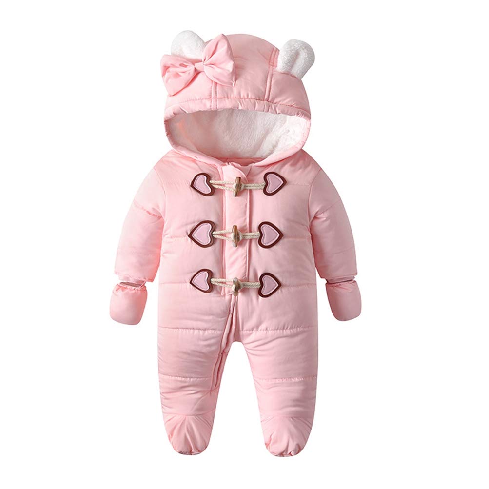 JanLEEsi Baby Winter Hooded Snowsuit Romper Zipper Padding Bodysuit Infant Puffer Jacket with Gloves,Pink,9-12M